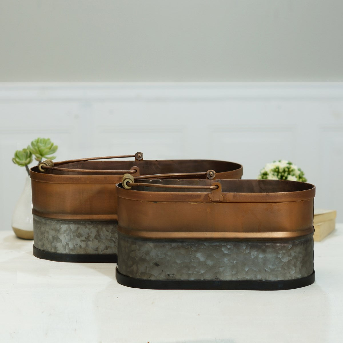 Copper galvanized metal bucket, set of 2 – Bombay Mercantile